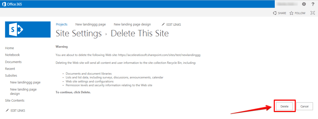 Deleting a SharePoint Subsite in Office 365 - Toni on Tech